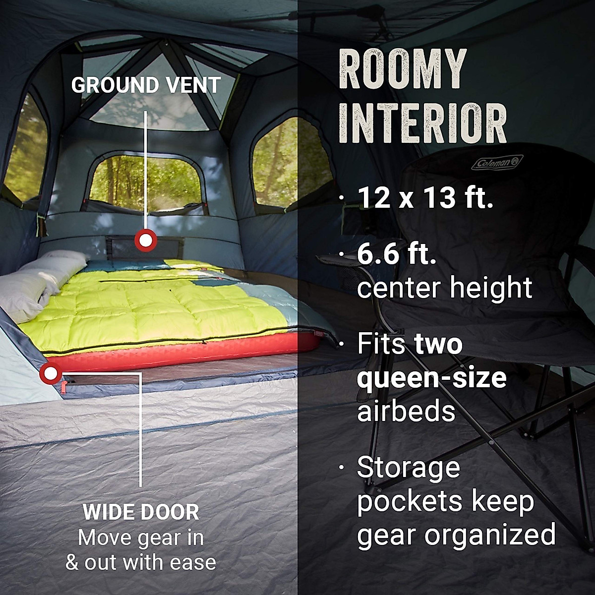 Coleman Skylodge 10-Person Camping Tent with Instant Setup and Screened Porch, Weatherproof Family Tent with Pre-Attached Poles, Screened-in Porch, and Rainfly; Sets Up in About 1 Minute