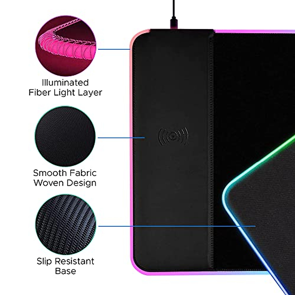 Juicy Chargers Extra Long RGB Non-Slip Wireless Charging mat with 10 Backlight Colors, Wireless Charger Mouse pad Supports Qi Mobile Devices for Home, Office and Gaming, Desk 12 x 35.5 inch