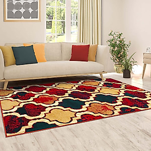 Superior Indoor Large Area Rug, Jute Backed, Perfect for Living/ Dining Room, Bedroom, Office, Kitchen, Entryway, Modern Geometric Trellis Floor Decor, Viking Collection, 5' x 8', Red Blue
