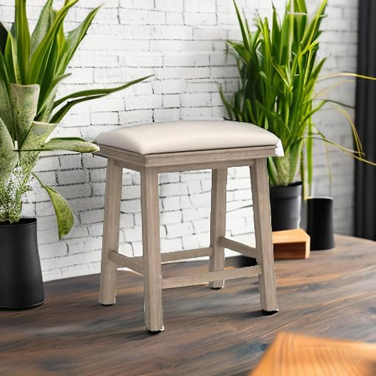 Erste!Bravo White Solid Wood Bar Stools Set of 2 for Kitchen Counter Counter Height Coastal Barstools with Faux Leather Farmhouse Upholstered Stools for 34"-38" Island, Creamy White Cushion, Wood Legs