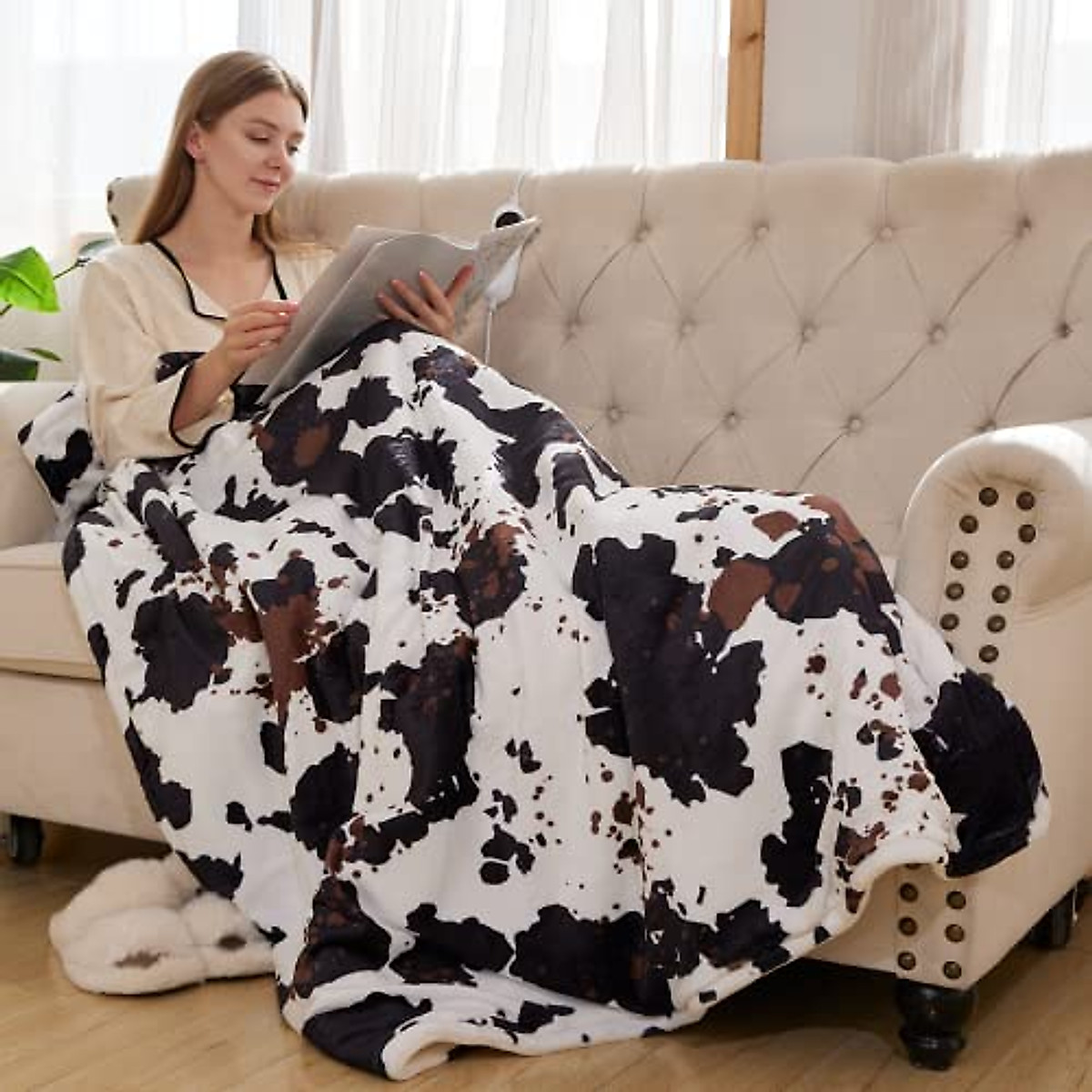 Cow Print Heated Blanket Electric Throw,Soft Fleece Cozy Cow Blankets for Couch Sofa Bed Office 50x60 inches