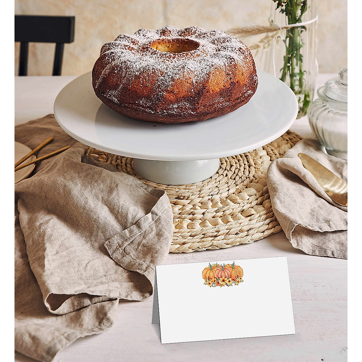 Fall Thanksgiving Table Place Card, 25 Pcs Tent Style Cards Set with Pumpkin and Maple Leaf, Editable Name Cards for Table Seating, Scored for Easy Folding, Food Lables for Autumn Party (01)