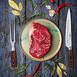 TUO Slicing Set - 9" Carving Knife & 7" Fork - Hollow Ground German Stainless Steel Carving Knife and Fork Set 2 Pcs - Pakkawood Handle - Luxurious Gift Box Included - Fiery Phoenix Series