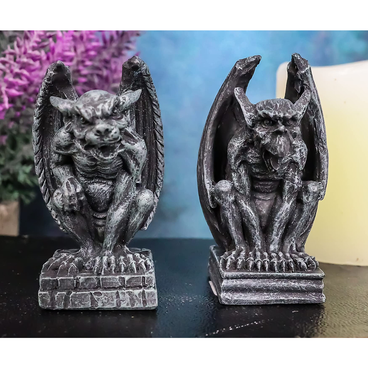 Ebros Gift Notre Dame Castle Top Guardian Mini Gargoyles Crouching On Stone Pedestals Resin Figurine Set of 2 Miniature Fairy Garden Gargoyle Sculpture Pair 2.5" Tall