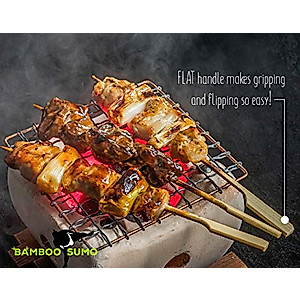 BAMBOOSUMO 10" Bamboo Shish Kabob skewers for Grilling | Extra Long | Flat Wood Skewer Shape w/Flag Paddle Handle