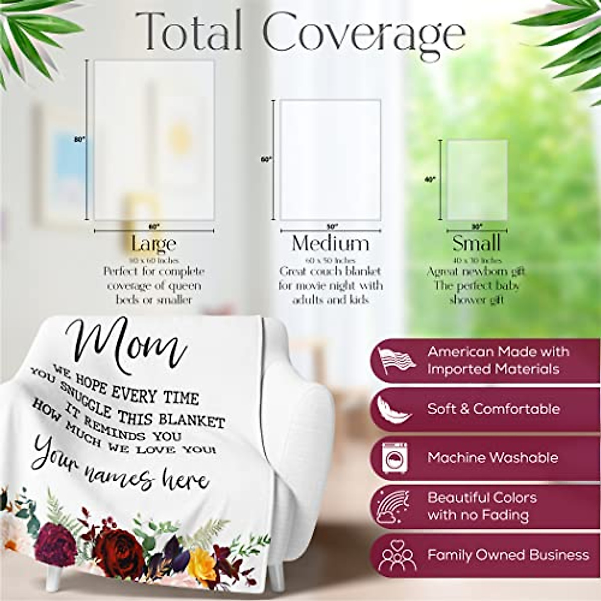 Personalized Mom Throw Blanket from Son or Daughter, Elegant Floral Pattern with Custom Name, Soft and Plush, Mother’s Day, Anniversary, Holiday, Christmas, or Birthday Gift, (Fleece 50x60)