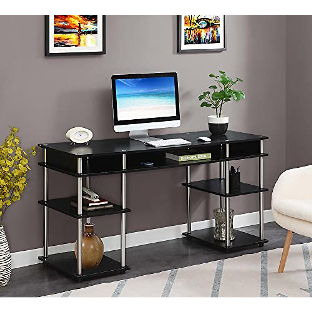 Convenience Concepts Designs2Go No Tools Deluxe Student Desk with Shelves, 60", Black