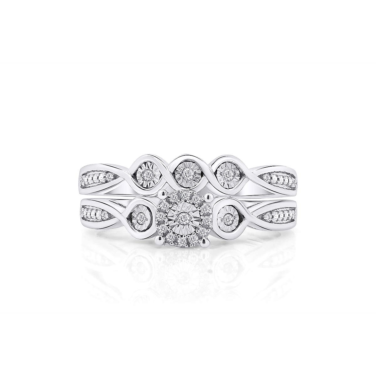 AFFY 1/10 ctw Round White Natural Diamond Set Ladies Engagement Wedding Bridal Ring Set In 14k White Gold Plated Sterling Silver (I-J / I2-I3, 0.10 ctw) Size-6