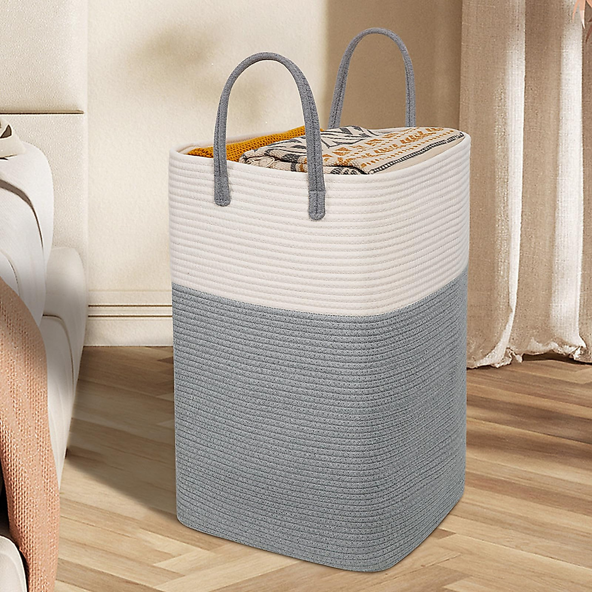 CHICSTASH Cotton Rope Laundry Hamper with Handles,76L Large Laundry Basket Blanket Basket for Living Room Durable Dirty Clothes Basket for Bedroom, Dorm, Towels, Toys(16x13x22in Grey & White)
