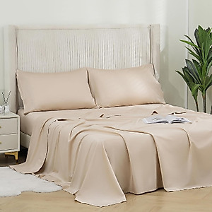 DOWNCOOL Queen Sheet Set - 100% Cotton Sheets Queen Size Set, 400 Thread Count Sateen, 16" Deep Pocket Queen Sheets, Silky Soft & Breathable Queen Bed Sheets, 4-Piece Hotel Luxury Beige Sheets Set