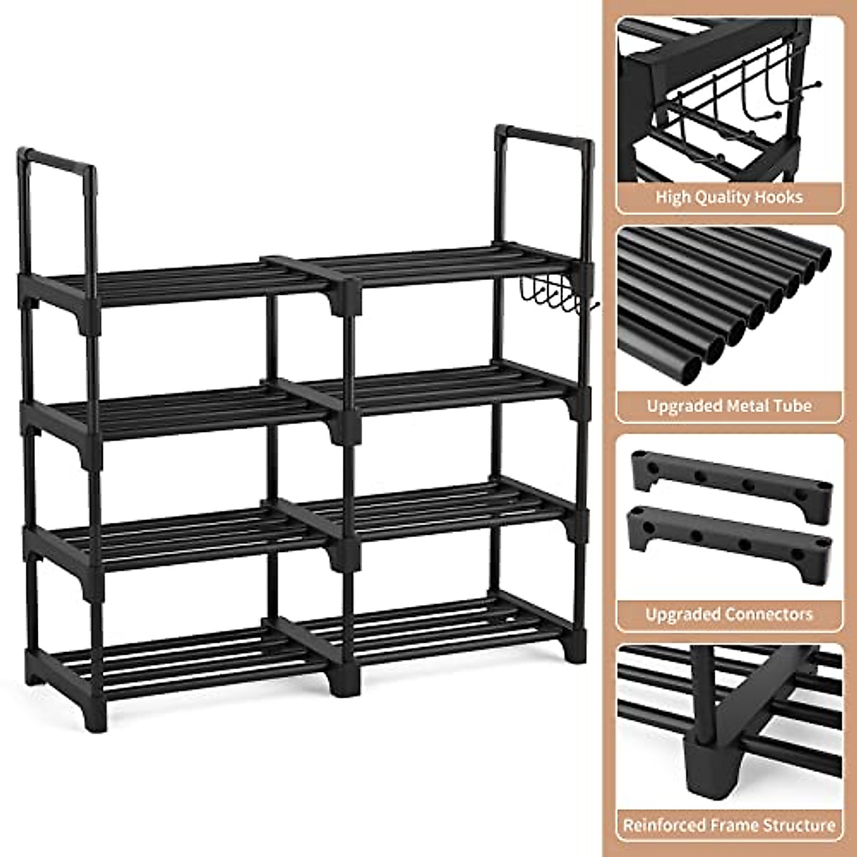 ROJASOP Shoe Rack Storage Organizer for Closet Entryway,16 Pairs 4-Tier Stackable Shoe Shelf for Hallway Bedroom Garage Dorm with Side Hooks Black Free standing Space Saving Shoe Tower