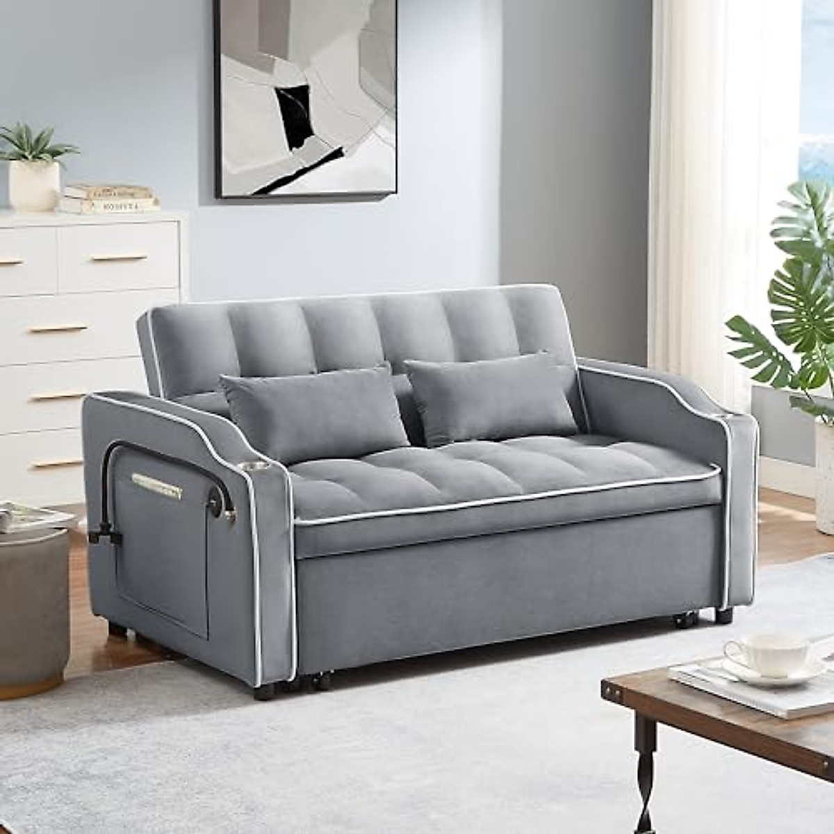 ERYE Modern Convertible Futon Loveseat Sofa with Pull Out Sleeper Couch Bed, Upholstered 2 Seaters Adjustable Backrest Love Seat W/Cupholders,USB Port & Phone Holder for Apartment Office Living Room