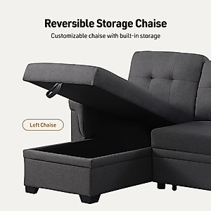 Lilola Home Lucca Dark Gray Linen Reversible Sleeper Sectional Sofa with Storage Chaise