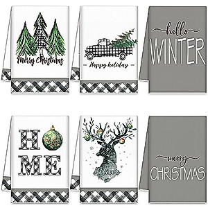 Oudain Sets of 6 Christmas Kitchen Towels and Dishcloths Xmas Tree Truck Dish Towels Hello Winter Kitchen Hand Towels Kit Christmas Novelty Gifts for Christmas Party Supplies