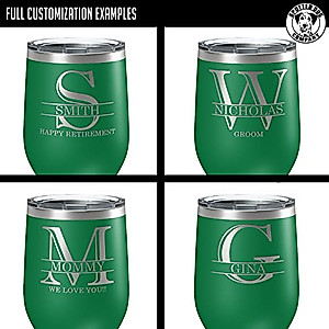 Personalized 12oz (17 Colors) Powder Coated Stainless Steel Stemless Wine Tumbler with Lid, Custom Etched, Customized Gift for Women Her, Wine Lover, Halpert Monogram Initial Name (Green)