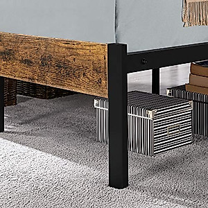 Yaheetech Metal Platform Bed Frame Queen with Wood Headboard and Iron Slats, Rustic Country Bed Base with Mattress Foundation/Strong Slats Support/12 Inch Underbed Storage/No Box Spring Needed, Brown