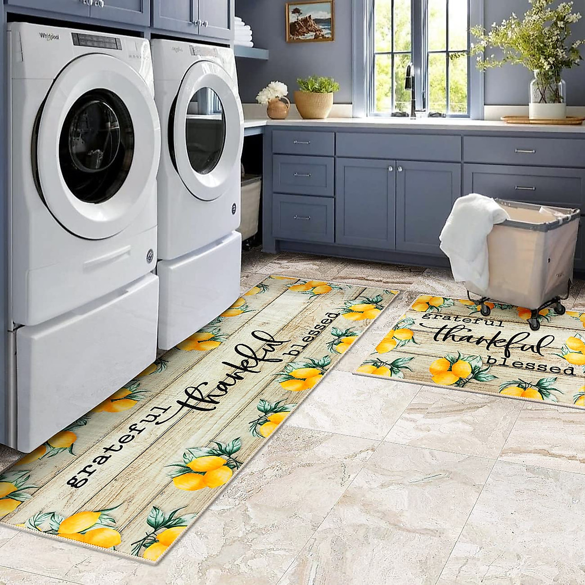 Asrug 2 Pieces Kitchen Rug Set Non-Slip Backing Mat Natural Design Throw Rug for Kitchen Doormat Runner Rug Set, Lemon Design, 17"x48"+17"x24"