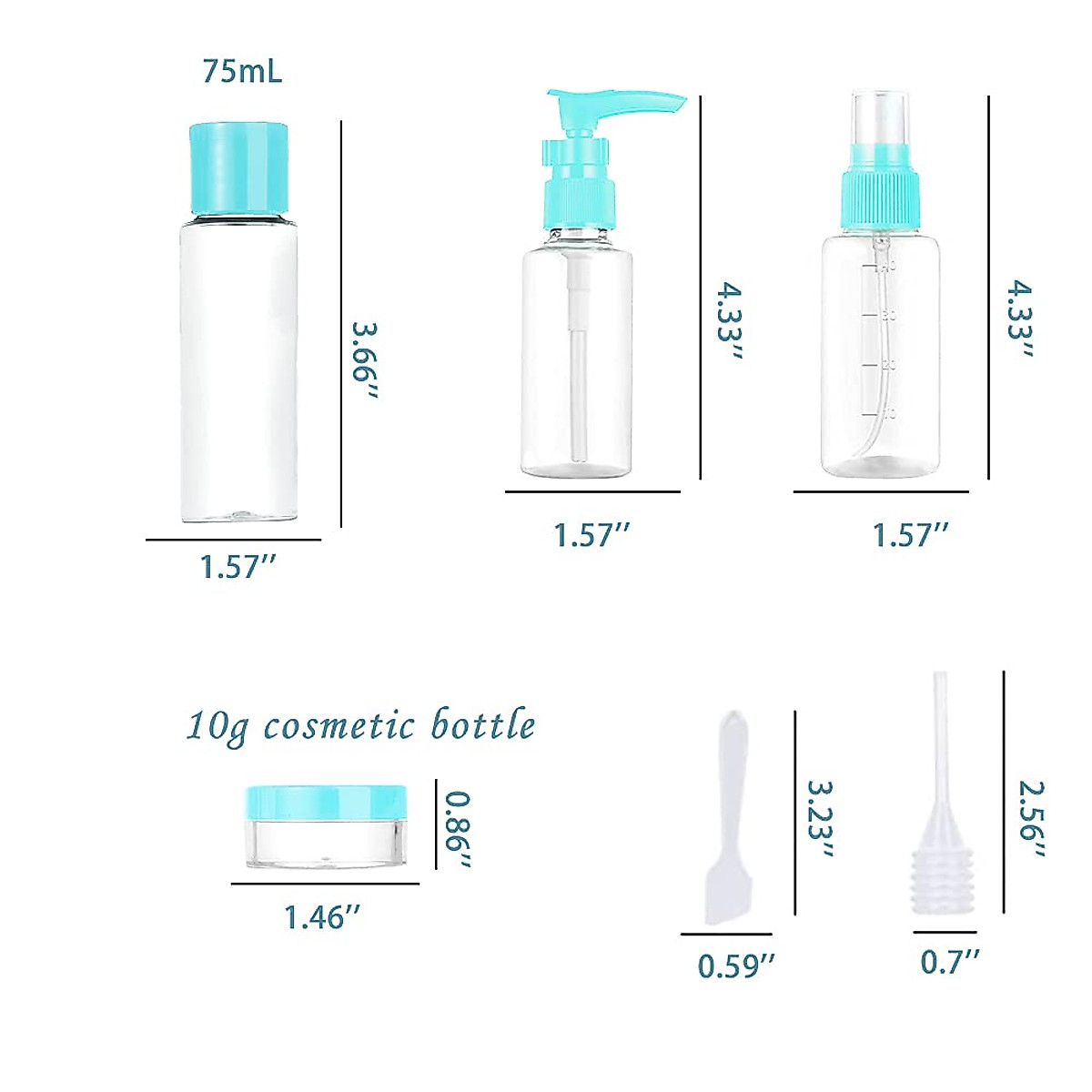 Vitog Travel Bottles Kit, TSA Approved Leak Proof Portable Toiletry Containers Set, Clear flight size PET Cosmetic Containers for Lotion, Shampoo, Cream, Soap, Set of 11 (Blue+Plastic)