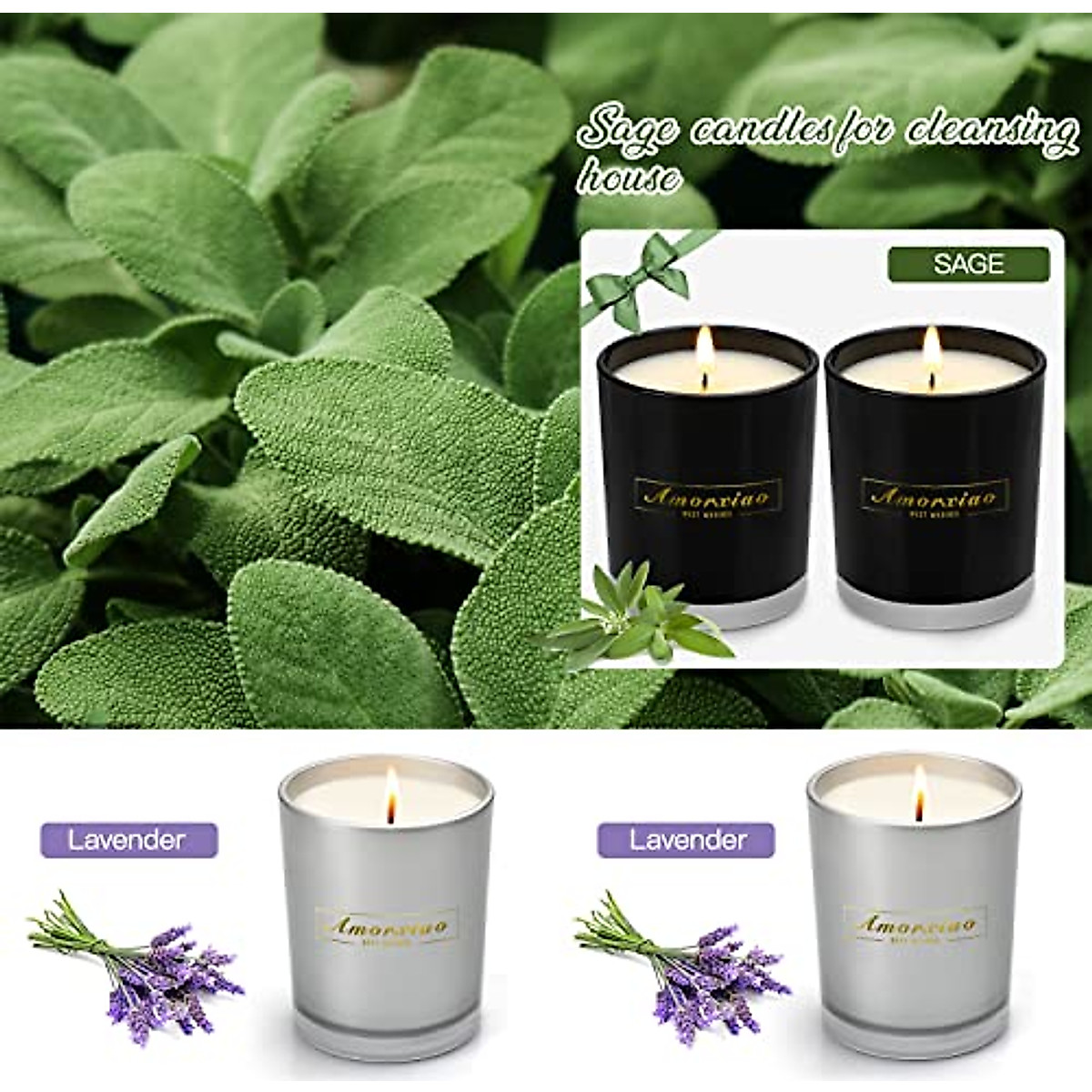 4 Pack Candles, Strong Scented Candles for Home | Sage & Lavender Candle 4×5.6 oz 200 Hour Burn, All Natural Soy Candles, Non Toxic Candles, Aromatherapy Candle Christmas Gifts for Women