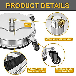 16.5" Pressure Washer Surface Cleaner with Wheels 4, 4000PSI Power Washer Surface Cleaner w/Extension Wand, Replacement Nozzle - Powerful Pressure Washer Attachment for Driveways, Patios, Sidewalks
