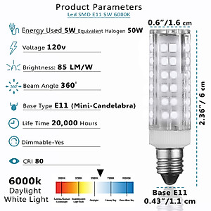 E11 LED Bulbs – 5W - 50W Halogen Replacement - Dimmable - Mini-Candelabra Base Light Bulb - Replaces T4 /T3 JDE11 – Day Light 6000K - for Ceiling Fans, Cabinet Lighting, Sconce & More- 6 Pack