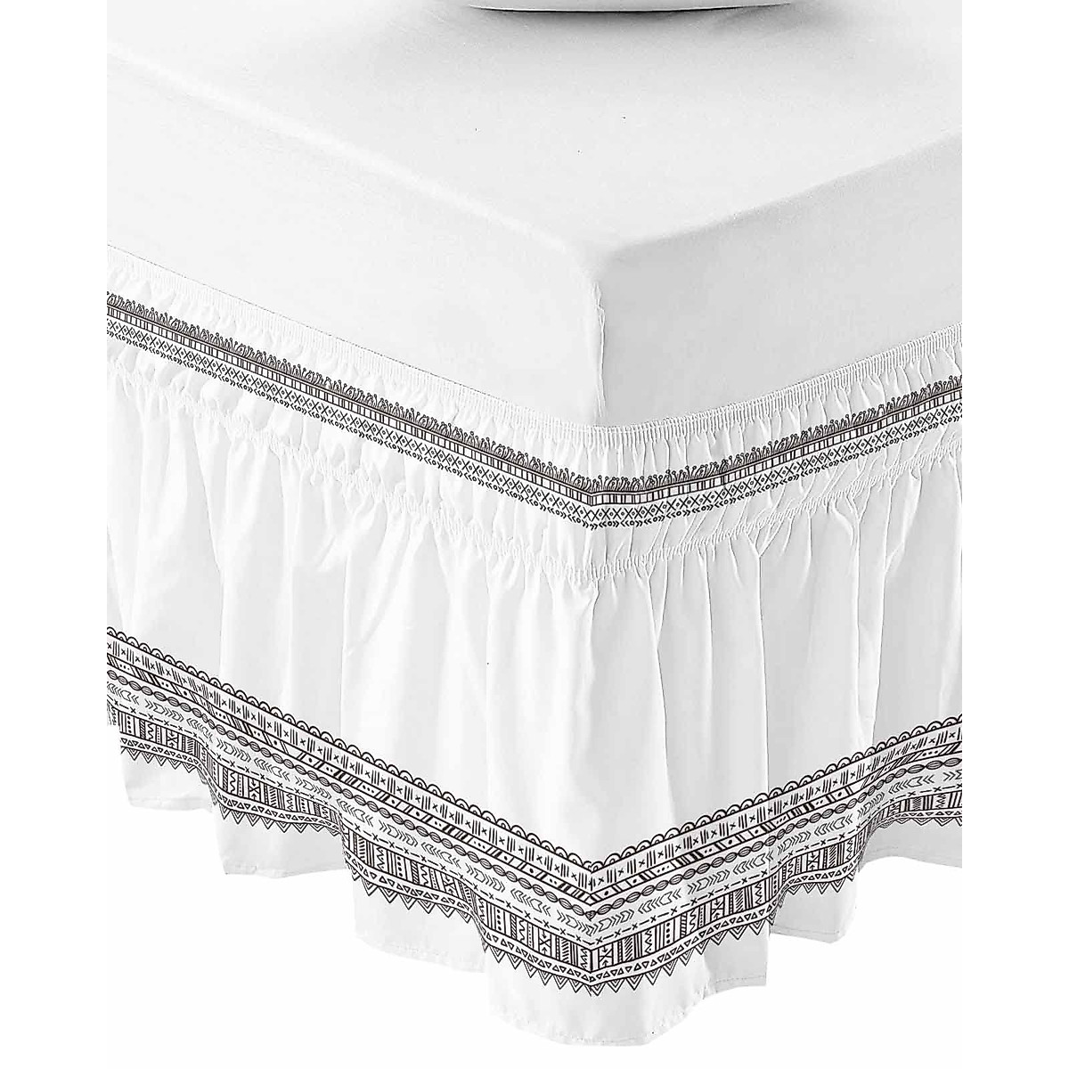 Boho Bed Skirt King Size 18 Inch Drop, Adjustable & Elastic Wrap Around Bed Skirts Pleated Luxury Dust Ruffles for Twin Full Queen Cal King Base Bed, Black Bohemia Geometric Ethnic Stripes