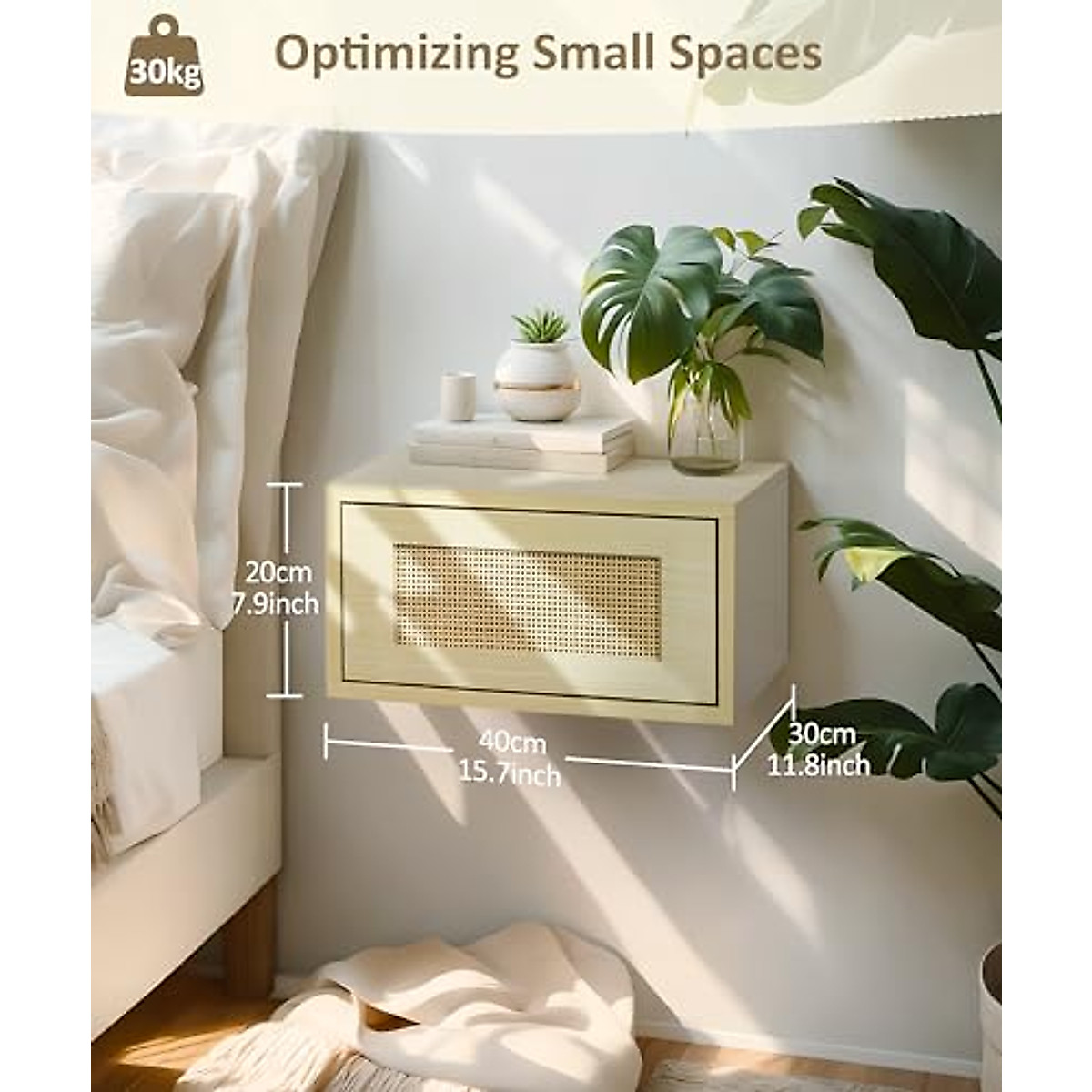 SUMGAR Floating Nightstand Set of 2 Rattan Boho Bedside Table Organiser Shelf Wall Mounted Pair of Beige Storage Display Wood Small Furniture for Bedroom Home Decor