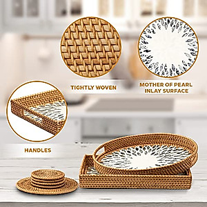 GaiaMade Large Rattan Mother of Pearl Inlay Serving Tray with 5 Coasters (1 Large, 4 Small), Coffee Serving Tray Set, Wicker Serving Tray for Coffee Table, Breakfast and Decoration, Oval Dark Blue