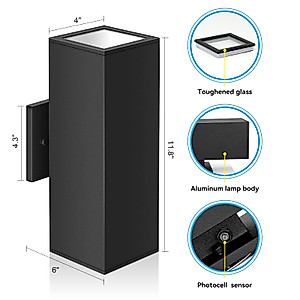 Tesjaso Dusk to Dawn Sensor Outdoor Wall Light Fixtures, LED Square Up and Down Lights, Modern Exterior Patio Lighting Sconce Aluminum IP65 Waterproof Lamp Dual Head NO Bulbs Wall Lantern