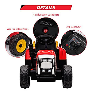 Nasitip 12V Kids Battery Powered Electric Tractor with Trailer, Toddler Ride On Car w/Remote Control, 7-LED Headlights, 2+1 Gear Shift, MP3 Player USB Port for Kids 3-6 Years (Red, 35W/ EVA Tire)
