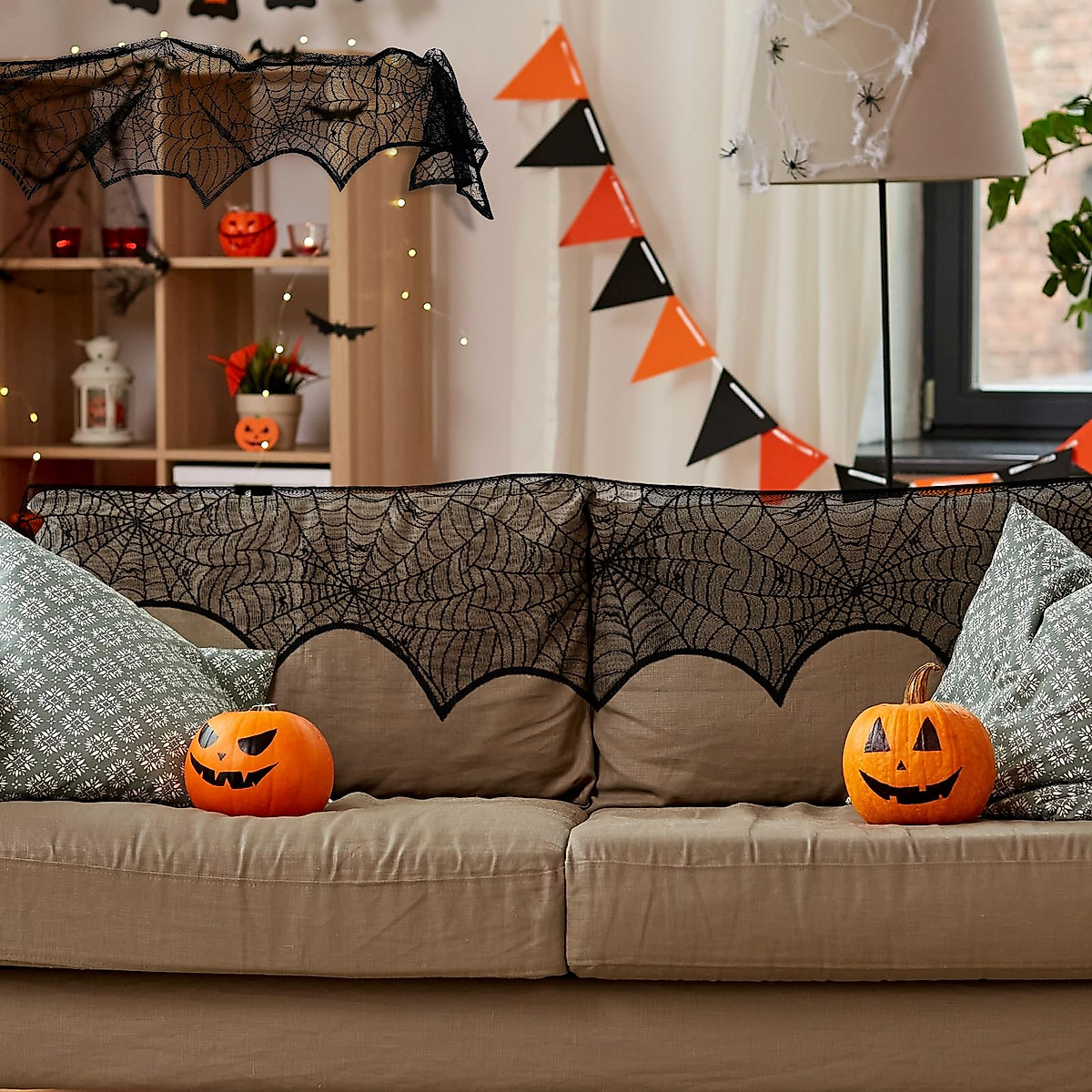 Bittesnew Halloween Decorations Spider Web Fireplace Cover, 18 x 96 inch Black Lace Cobweb Fireplace Mantle Scarf Cover, Halloween Decorations for inside, Door, Window and Festive Party Supplies Decor