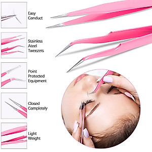 Honoson Eyelash Extension Supplies, USB Air Conditioning Blower, 2 Straight and Curved Tweezers,100 Disposable Mascara, 50 Glue Ring Holder, 2 Tapes, 10 Pairs Under Eye Gel Pads (Pink)