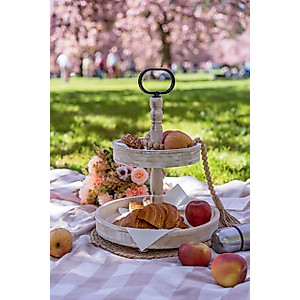 BonzaiKit Two Tier Wood Tray with Wooden Beads - Farmhouse Rustic 2 Tiered Serving Stand for Kitchen & Home Decor - Cupcake Stand with Metal Holder