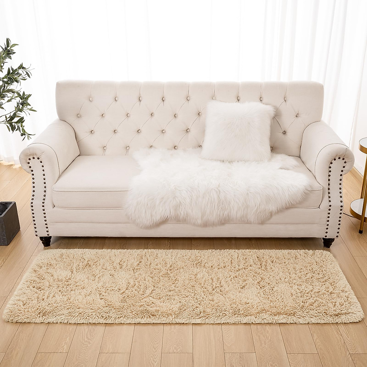 Toneed Fluffy Runner Rug for Bedroom Living Room, 2 x 6 Feet Beige Shaggy Rug Super Soft Modern Indoor Area Rug Fuzzy Plush Carpet for Dorm Nursery Kids Room Home Decorative