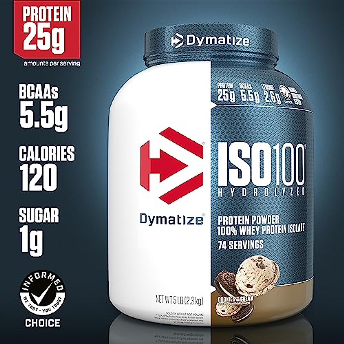 Dymatize ISO100 Hydrolyzed Protein Powder, 100% Whey Isolate Protein, 25g of Protein, 5.5g BCAAs, Gluten Free, Fast Absorbing, Easy Digesting, Cookies and Cream, 5 Pound