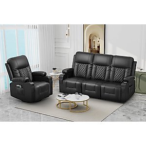 FURNIMAT Recliner Sofa Set with 3+1 Pieces in Living Room, 3 Seater Reclining Sofa, 1 Recliner Chair with 360 Degree Swivel Single Sofa Seat