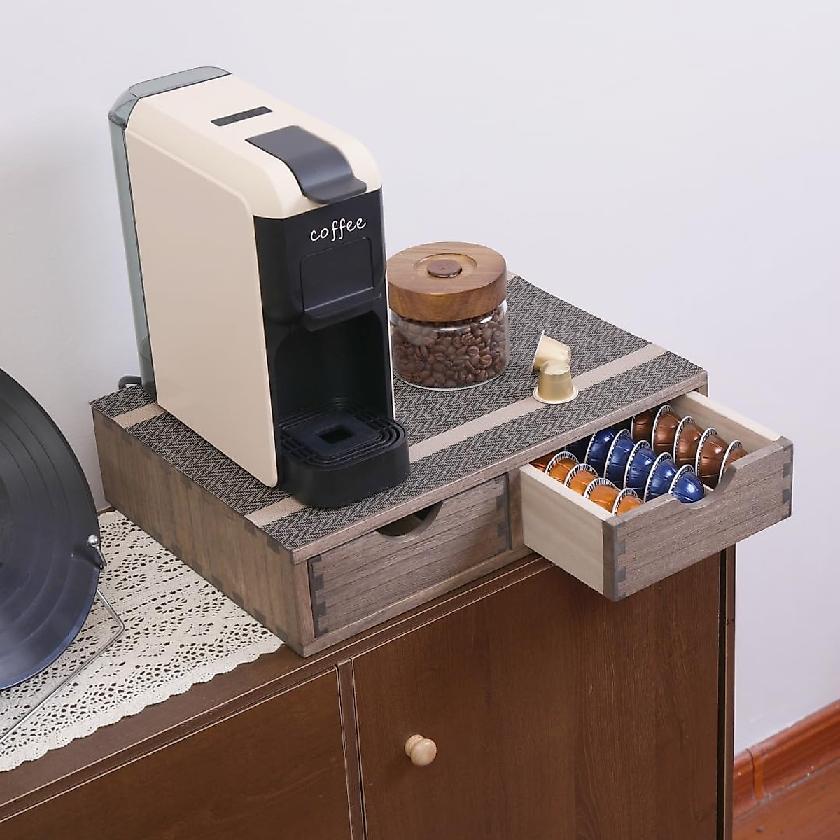 DDYURI Coffee Pods Storage Drawer Holder for Capsules - Multi Functional Desk Organizer Drawers For K-Cup Coffee Maker Brew - Kitchen Mini Wooden Box Chest Sideboard Counter Organization CF1D2C Dark