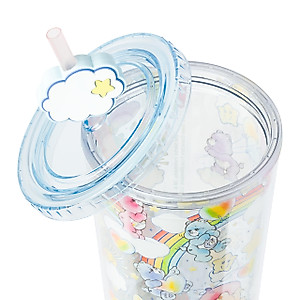 Silver Buffalo Care Bears Rainbow Hearts Stars Featuring Cheer Bear, Bedtime Bear, Funshine Bear, and Share Bear Watercolor Plastic Cold Cup with Lid and Straw Topper, 24 Ounces