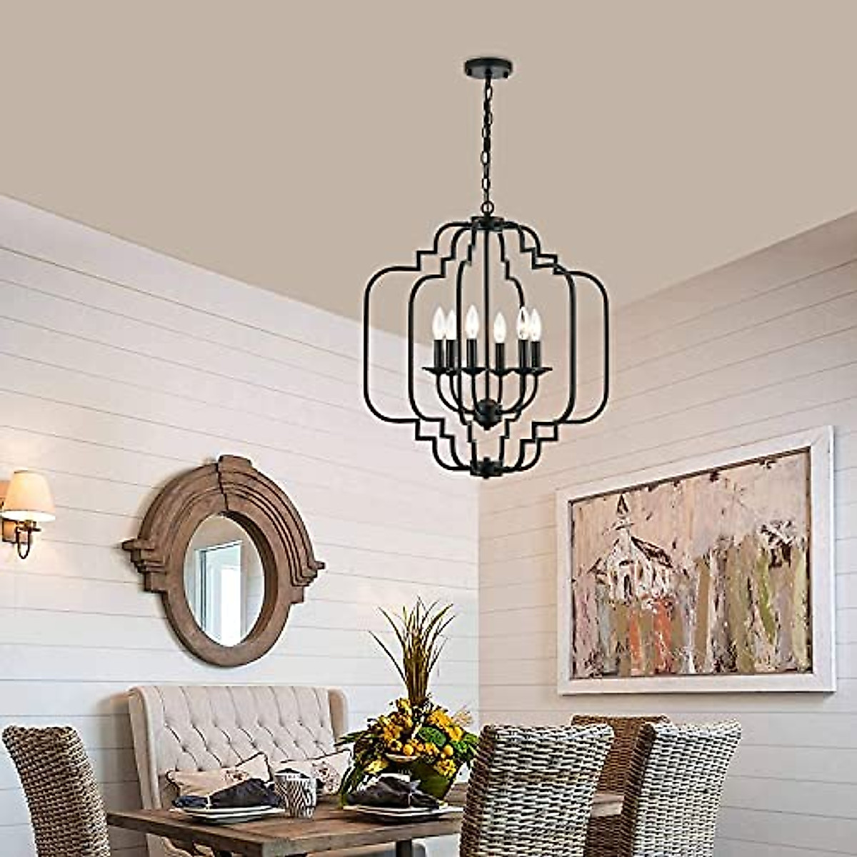 JULL 6 Lights Black Chandelier, Farmhouse Rustic Wrought Iron Modern Chandeliers Lighting Fixture,Dining Table Pendant Light for Foyer,Kitchen Island,Dining Living Room.Adjustable Height,W23”*H26”
