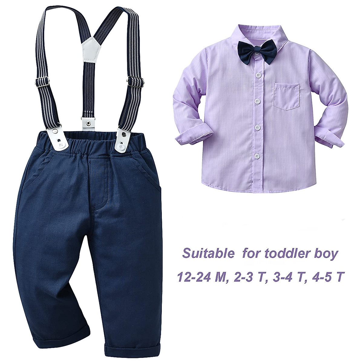 amokk Gentleman Outfits Formal Wear for Toddler Baby Boys Bow Tie and Suspenders Clothing Set (Purple-Navy, 18-24 M)