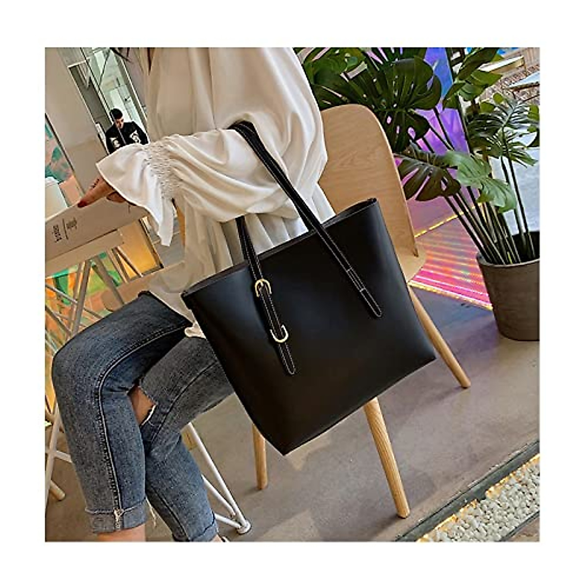 WPYYI Leather Bucket Composite Bags for Women Large Capacity Shoulder Bags Casual Tote (Color : Black, Size : 36x30cm)