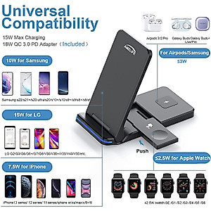 Wireless Charger 3 in 1 Wireless Charging Station Qi Fast Charger Stand for iPhone 13/12/11/Pro/Max/XR/XS/XS Max/X /8/8 Plus, Apple Watch, Airpods 2/Pro, Samsung Galaxy Phone with 18W Adapter, Black