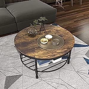 Gezen 2-Tier Round Coffee Table, Industrial Coffee Table for Living Room, Wooden Tabletop Rustic Steel Accent Table with Storage Open Shelf- Metal Frame - Retro Brown