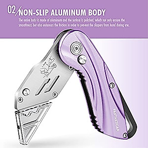 FantastiCAR Folding Box Cutter, Quick Blade Change Utility Knife, with Anti-slip Metal Body, Safety Lock, 5 Extra Blades (Purple Streamline)
