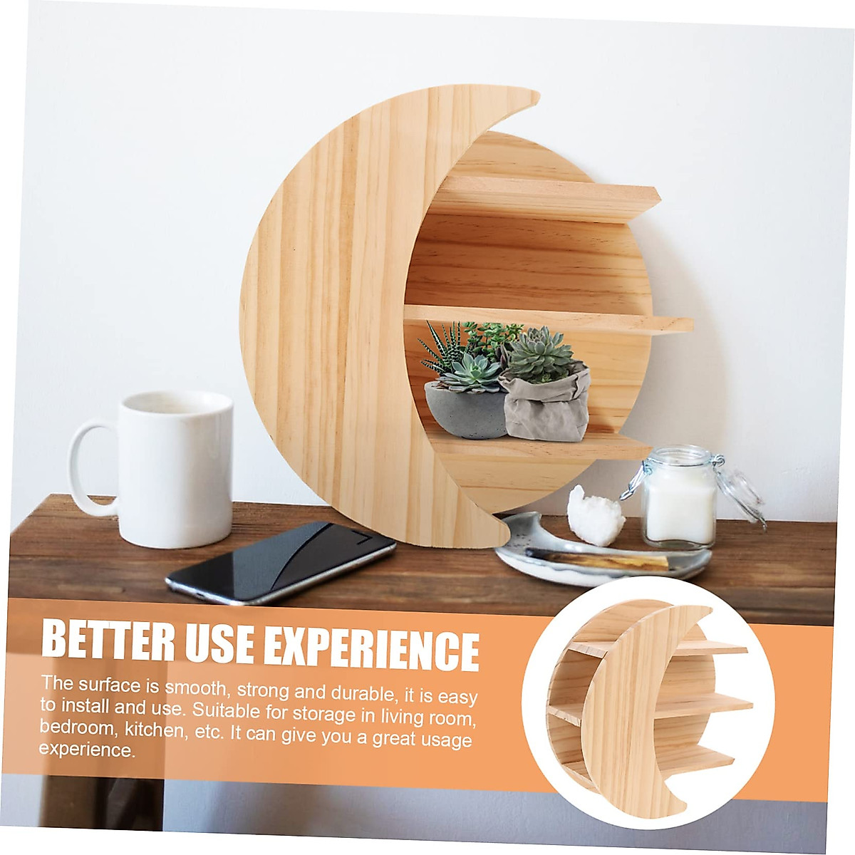 Garneck Moon Wall Mount Rustic Crystal Shelf Hanging Floating Shelves Bathroom Wall Shelf Stones Photo Frame Shelf Essential Picture Frame Stand Floating Rack Wooden Flower Pot Stand