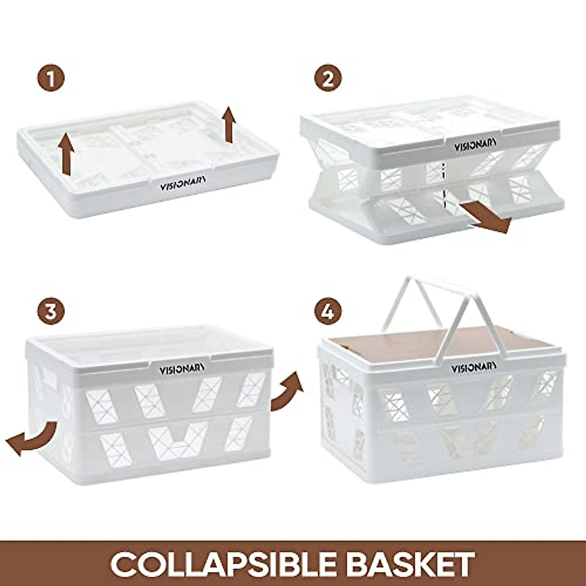 MILILOVE 35L Collapsible Storage Grocery Shopping Basket With Lid, Storage Crates, Plastic Stackable Basket, Tote Portable Basket with Handles, for Picnic Camping Picking Organizing Toys Car Trunk