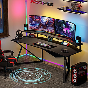 Tribesigns Computer Desk, 70.9" Large Home Office Desk with Monitor Stand, Modern Wing-Shaped Gaming Studio Desk Study Table Workstation for Live, Streamer, Black