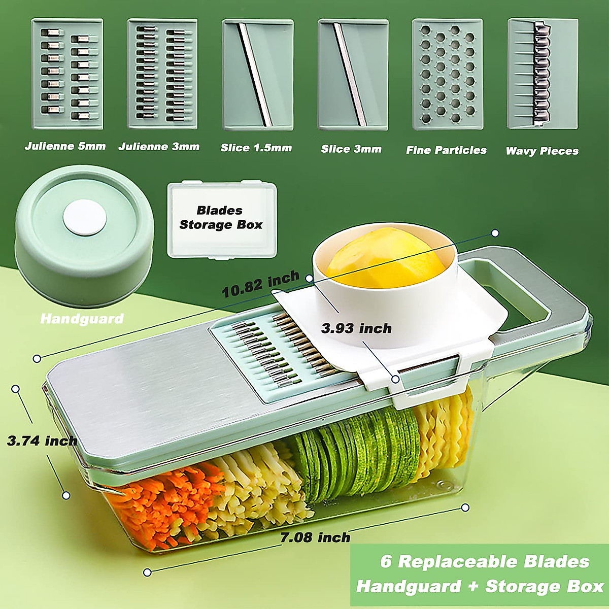 Suuker Mandoline Slicer for Kitchen, Cheese Grater Vegetable Spiralizer and Veggie Slicer for Cooking, Food Slicer, Kitchen Gadgets Organizer Included (6 in 1, Green)