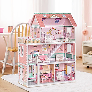 ROBUD Wooden Dollhouse with Elevator 20pcs Furniture 3-Storey Preschool Toy Dollhouse for Kids Girls