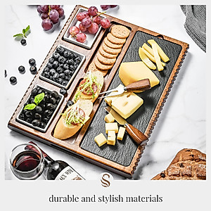 Shanik Cheese Board Set - Premium Black Slate Blade and 3 Stainless Steel Cutlery - Perfect for Serving and Entertaining - Elevate Your Cheese Experience without engraving